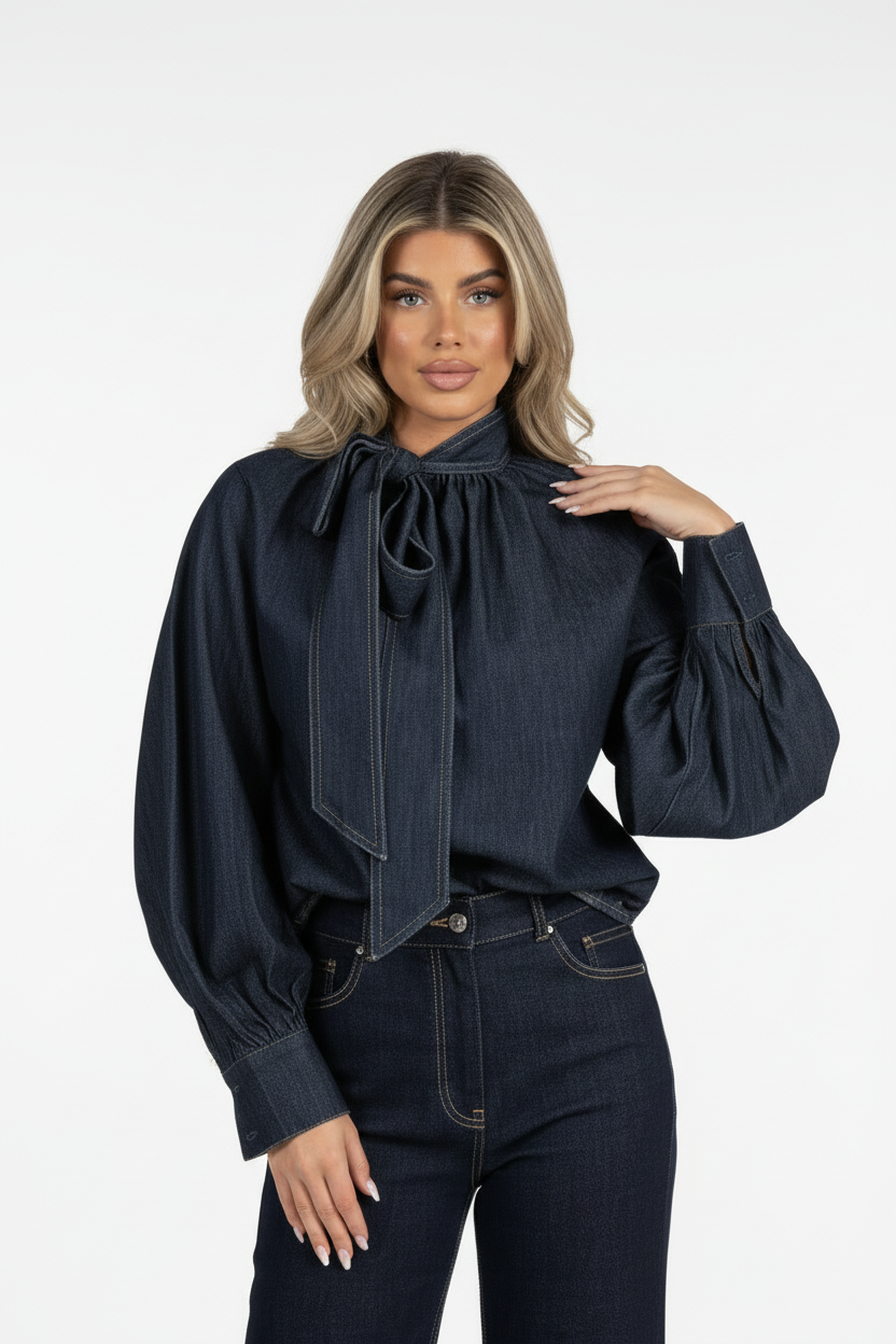 Dark Denim Elegance Set – Bow Blouse & Wide Leg Jeans – Aurumé Paris